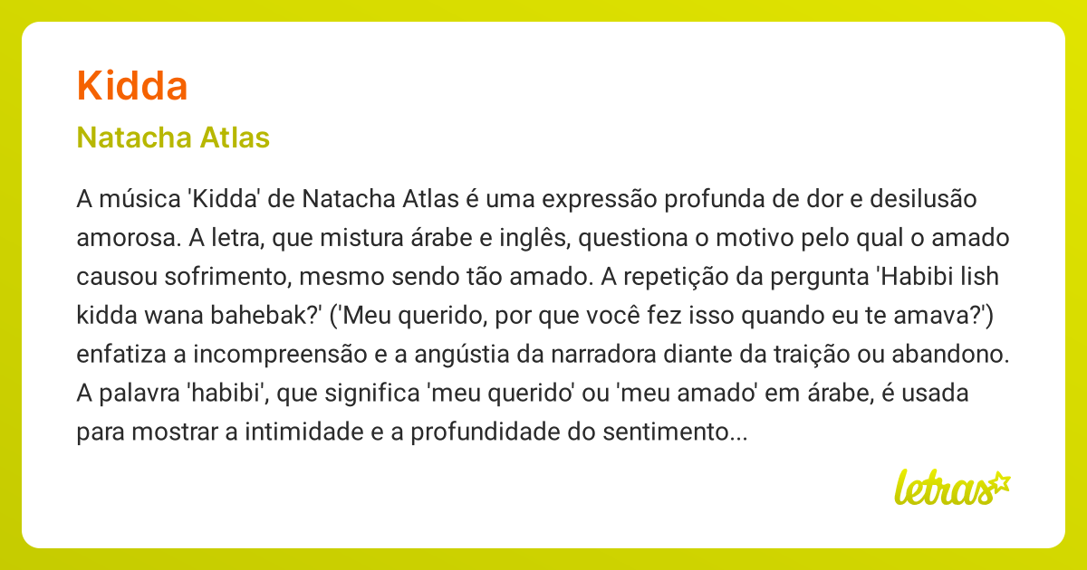 Significado da música KIDDA (Natacha Atlas) - LETRAS.MUS.BR