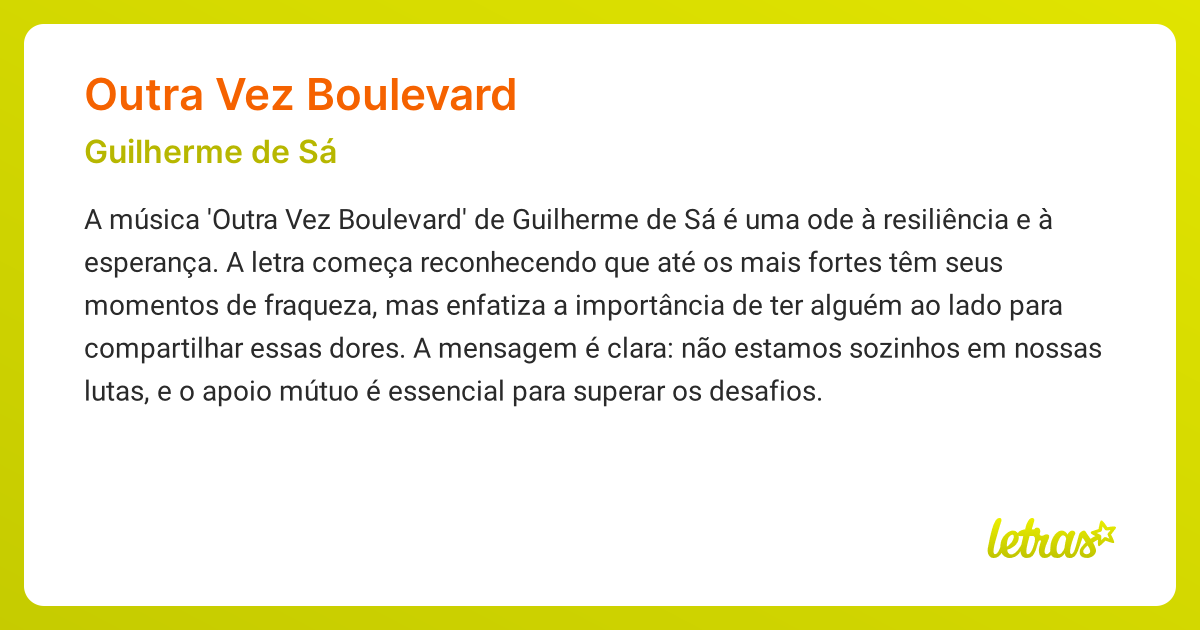 Significado da música OUTRA VEZ BOULEVARD (Guilherme de Sá) - LETRAS.MUS.BR