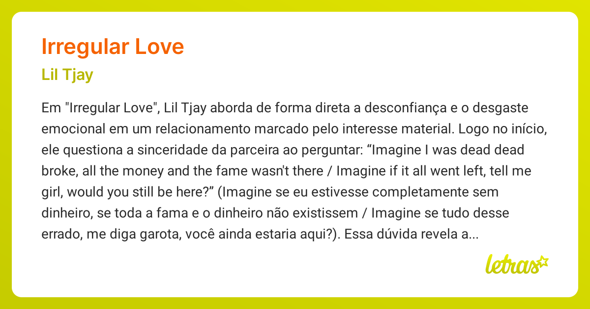 Significado da música IRREGULAR LOVE (Lil Tjay) - LETRAS.MUS.BR