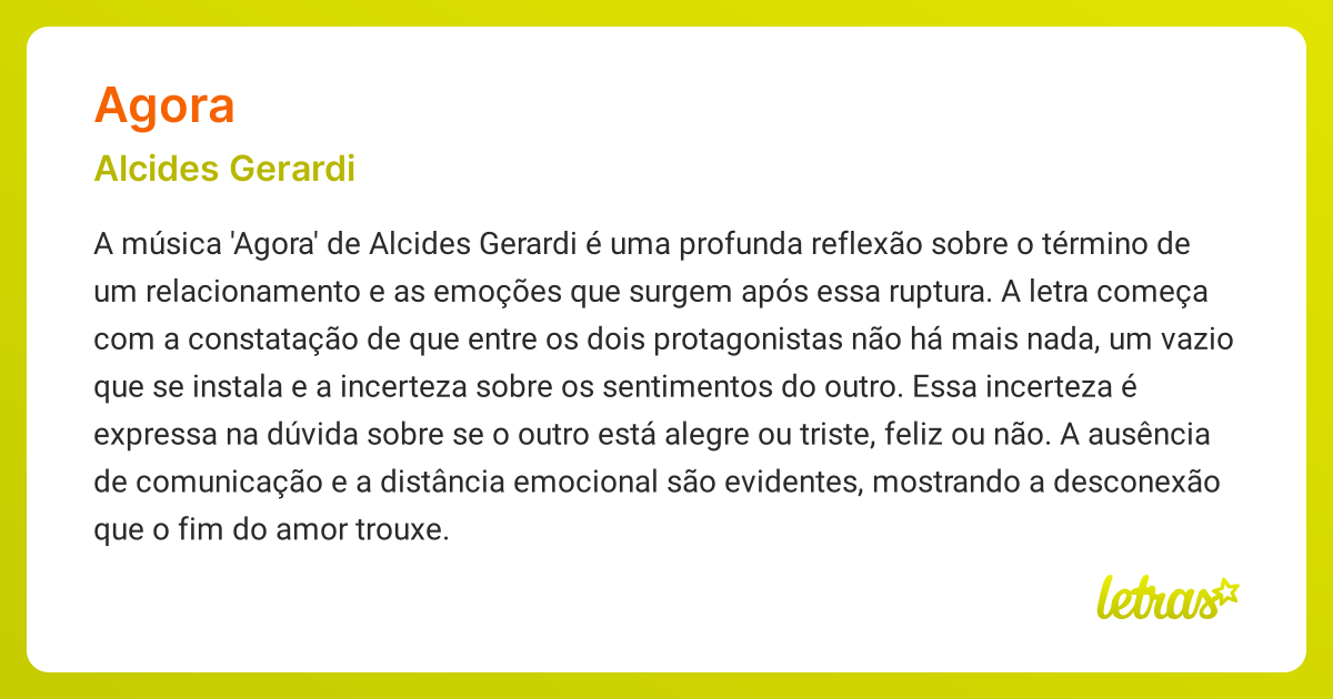 Significado da música AGORA (Alcides Gerardi) - LETRAS.MUS.BR