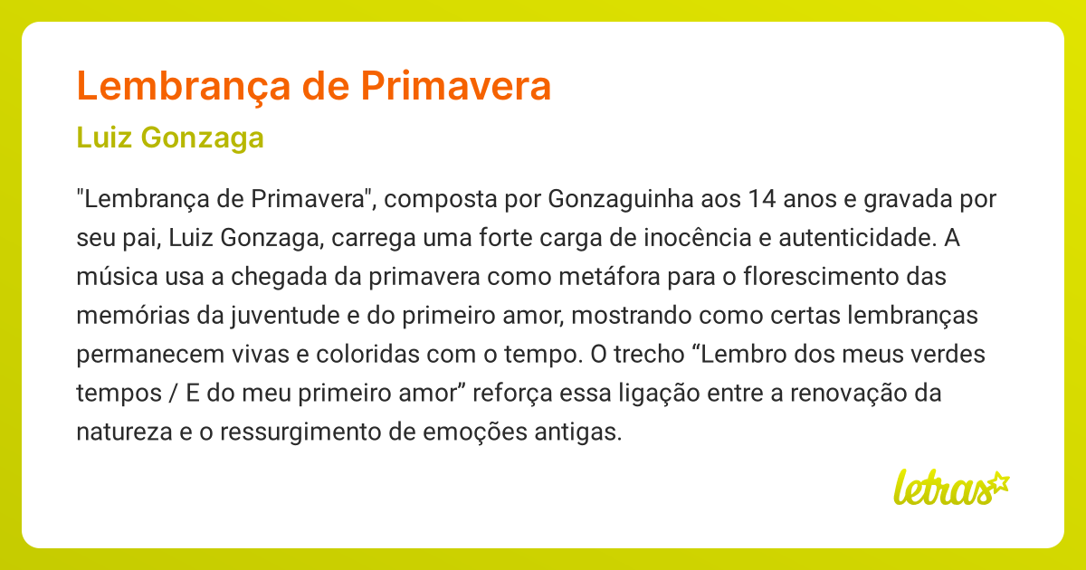 Significado da música LEMBRANÇA DE PRIMAVERA (Luiz Gonzaga) - LETRAS.MUS.BR