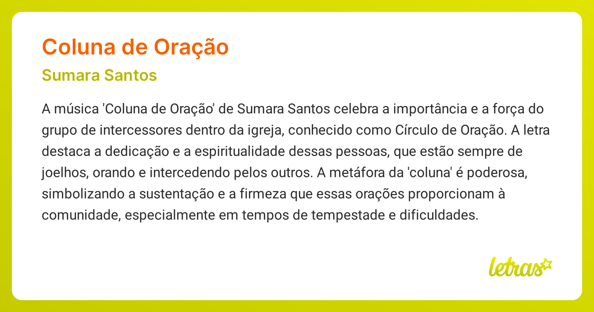 Significado da música COLUNA DE ORAÇÃO (Sumara Santos) - LETRAS.MUS.BR