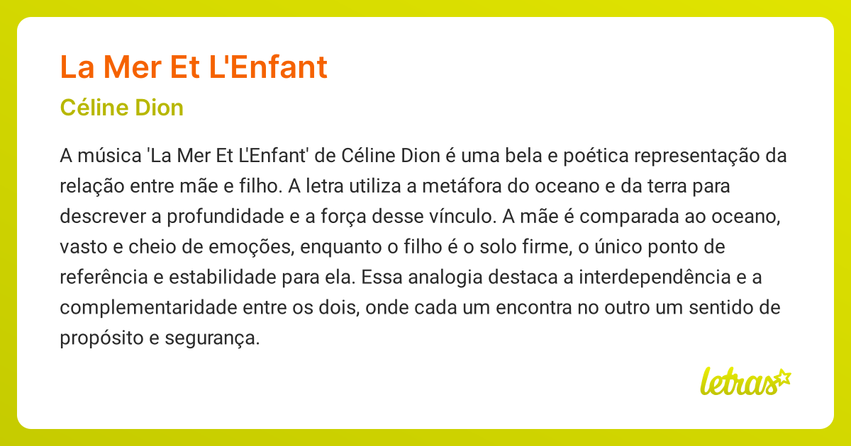 Significado da música LA MER ET L'ENFANT (Céline Dion) - LETRAS.MUS.BR