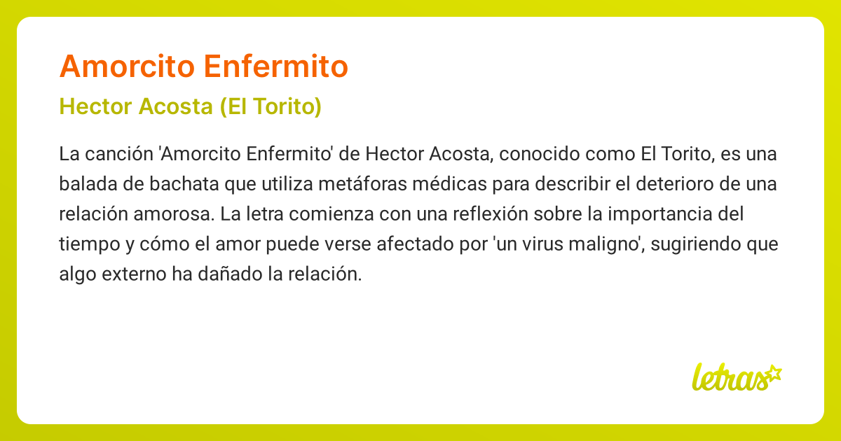 Significado de la canción AMORCITO ENFERMITO (Hector Acosta (El Torito ...