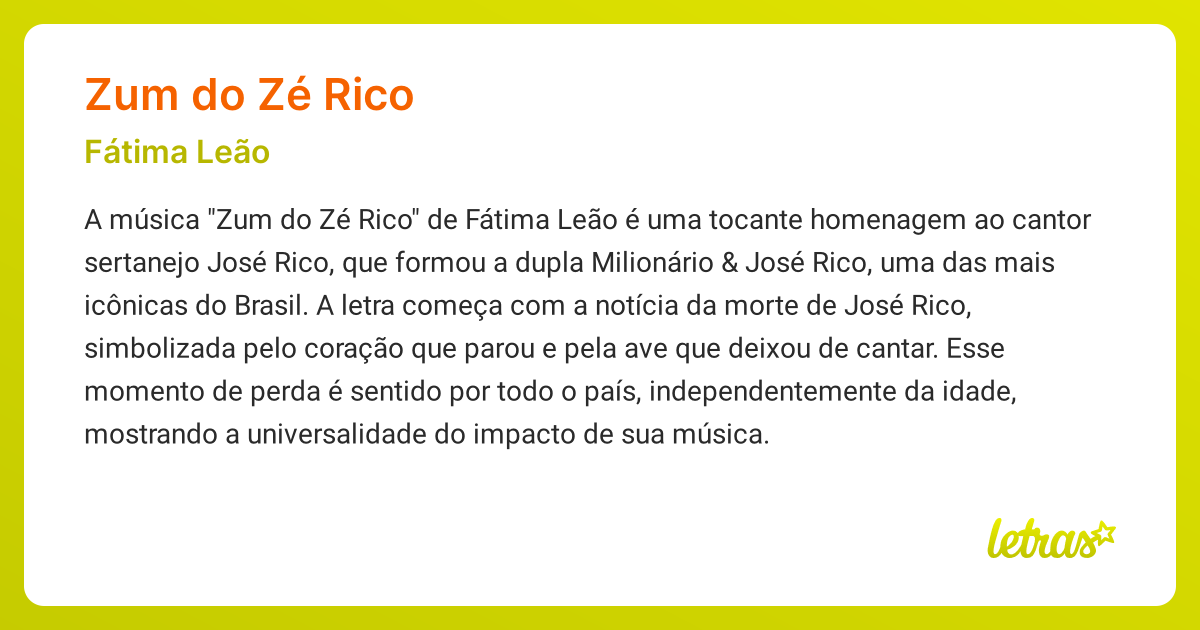 Significado da música ZUM DO ZÉ RICO (Fátima Leão) - LETRAS.MUS.BR