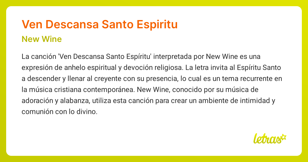 Significado de la canción VEN DESCANSA SANTO ESPIRITU (New Wine) - LETRAS.COM