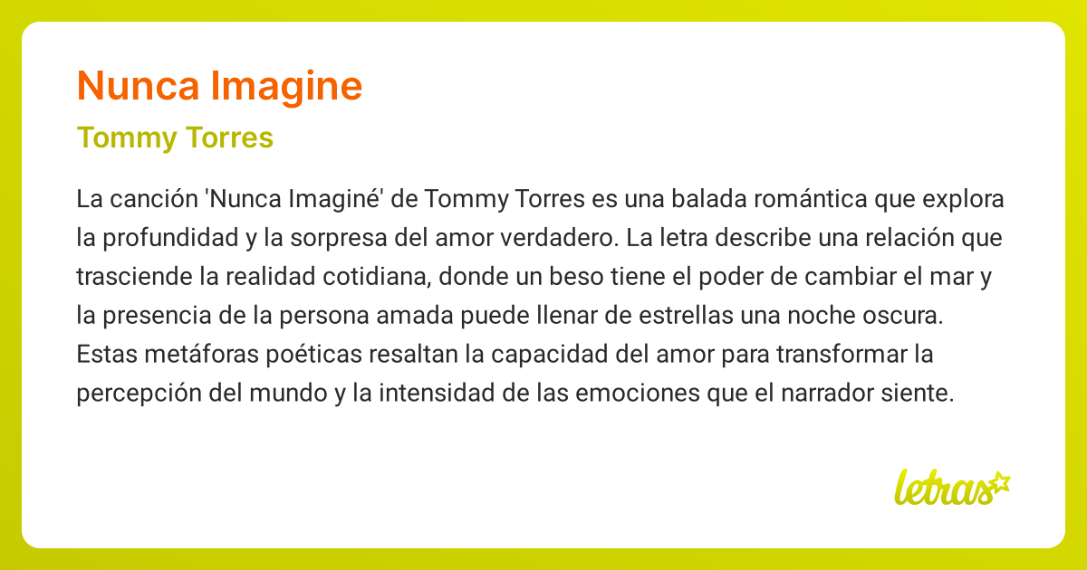 Significado de la canción NUNCA IMAGINE (Tommy Torres) - LETRAS.COM