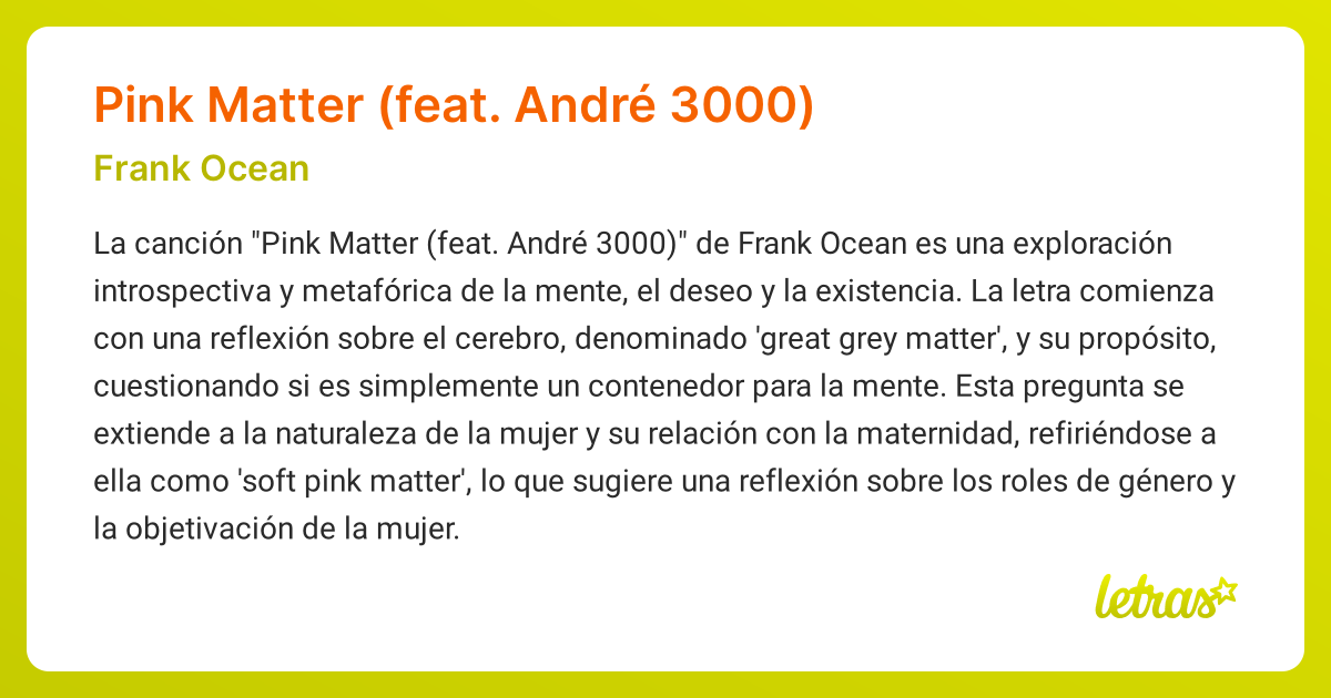 Significado de la canción Pink Matter (feat. André 3000) (Frank Ocean ...