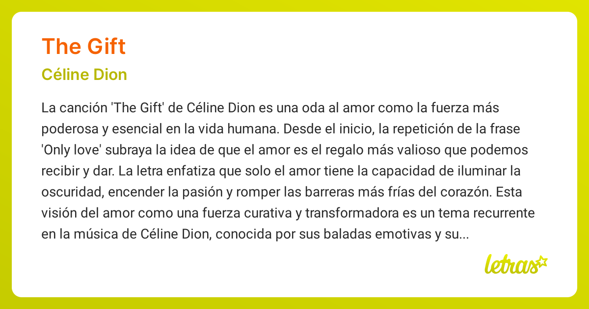 Significado de la canción THE GIFT (Céline Dion) - LETRAS.COM