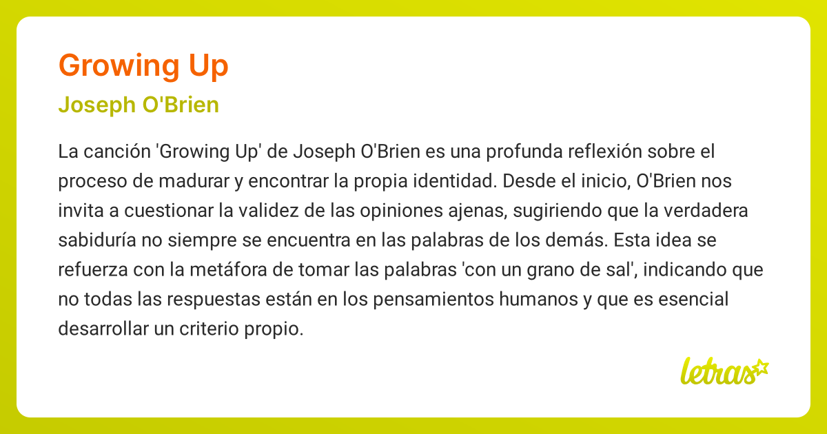 Significado de la canción GROWING UP (Joseph O'Brien) - LETRAS.COM