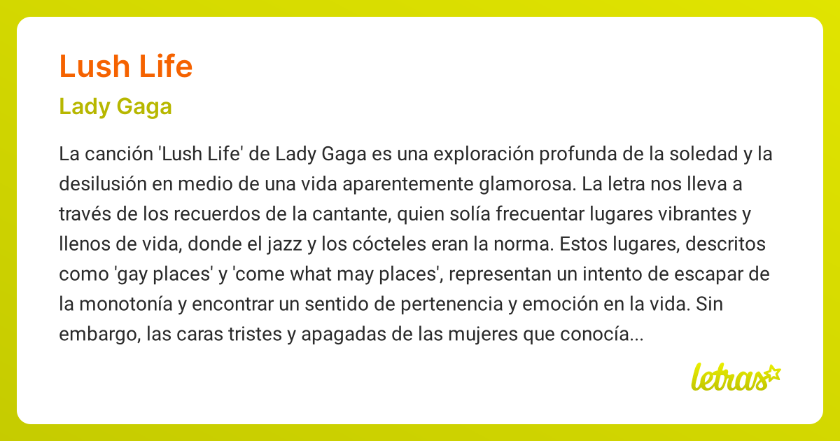 Significado de la canción LUSH LIFE (Lady Gaga) - LETRAS.COM