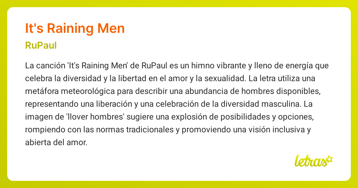 Significado de la canción IT'S RAINING MEN (RuPaul) - LETRAS.COM