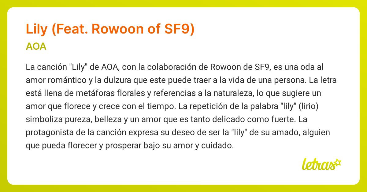 Significado de la canción LILY (FEAT. ROWOON OF SF9) (AOA) - LETRAS.COM