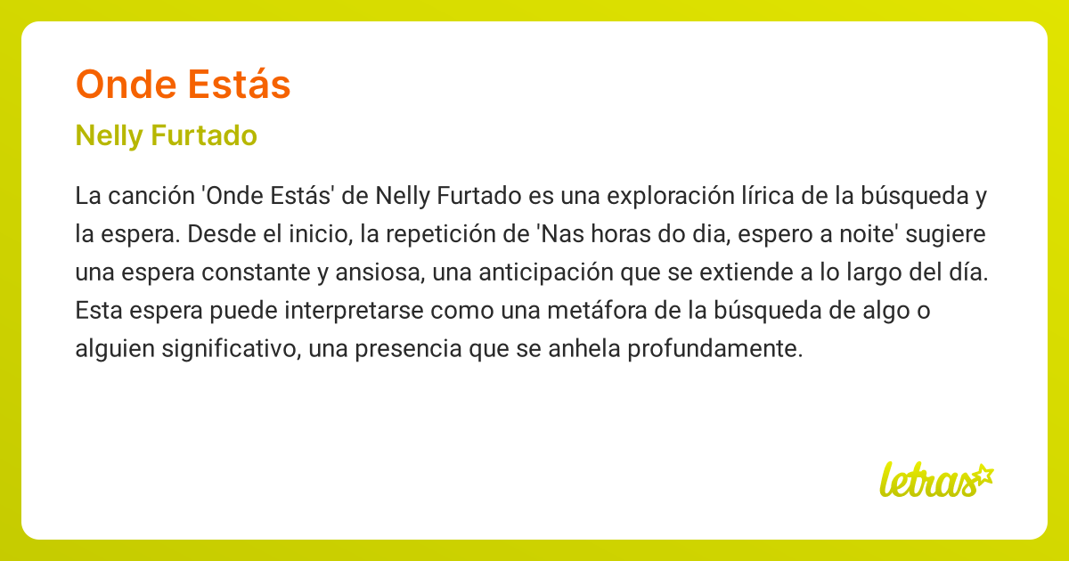 Significado de la canción ONDE ESTÁS (Nelly Furtado) - LETRAS.COM