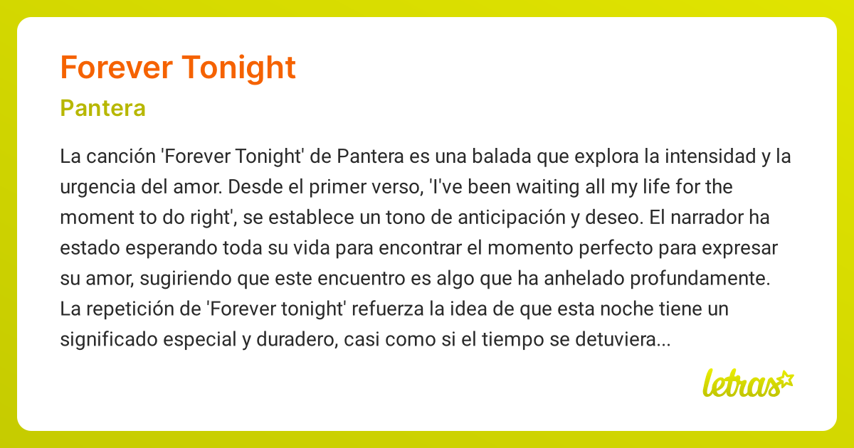 Significado de la canción FOREVER TONIGHT (Pantera) - LETRAS.COM