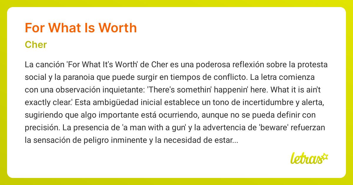 Significado de la canción FOR WHAT IS WORTH (Cher) - LETRAS.COM