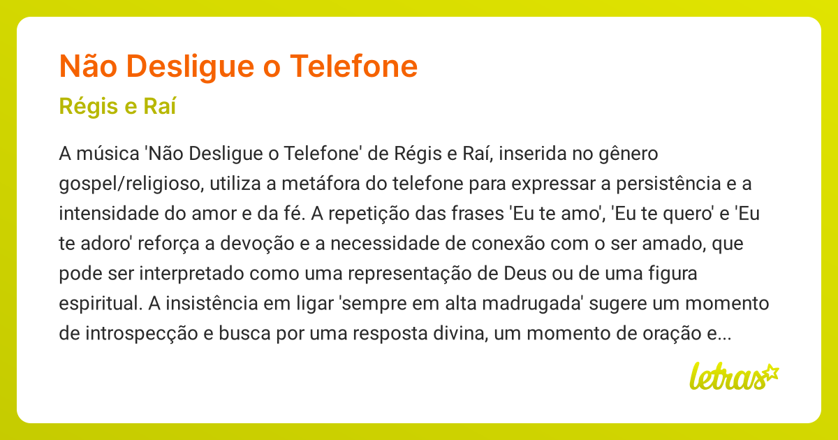 Significado da música NÃO DESLIGUE O TELEFONE (Régis e Raí) - LETRAS.MUS.BR