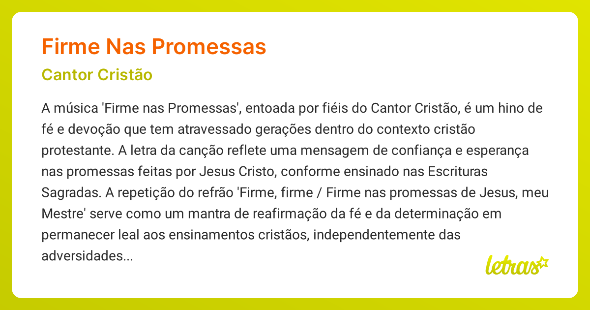 Significado da música FIRME NAS PROMESSAS (Cantor Cristão) - LETRAS.MUS.BR