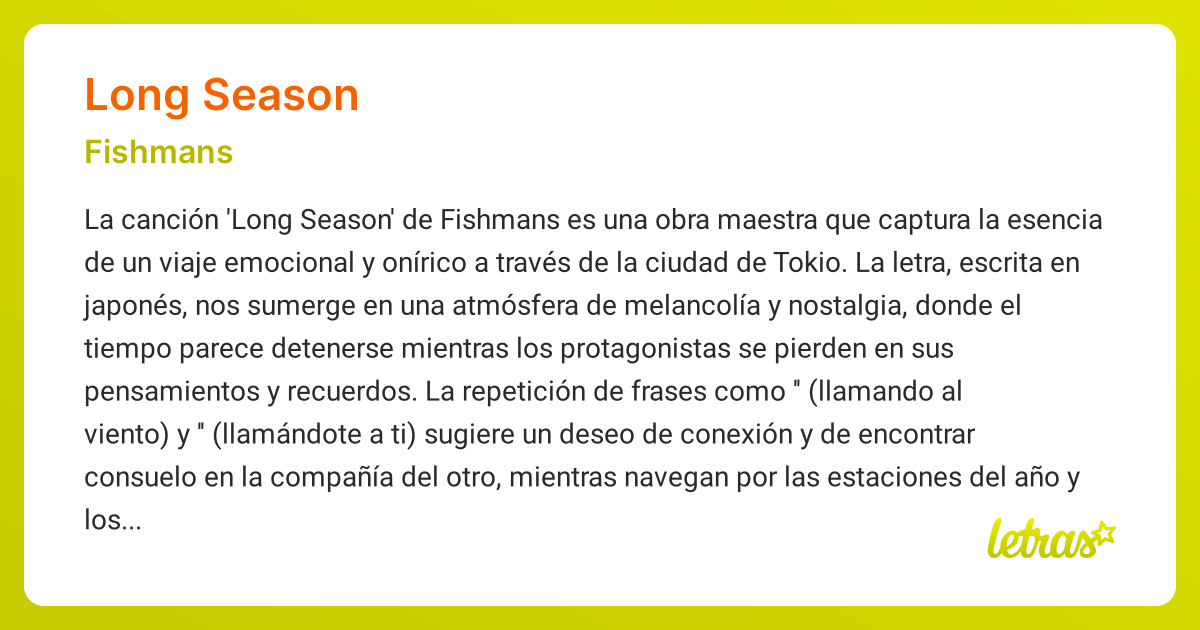 Significado de la canción LONG SEASON (Fishmans) - LETRAS.COM