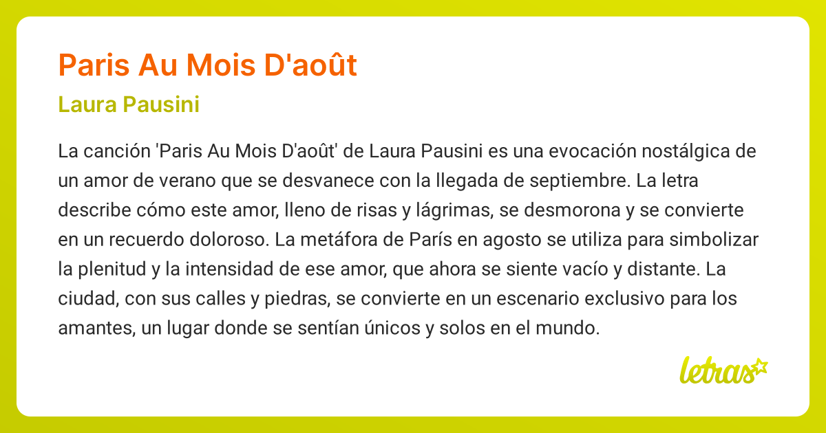 Significado de la canción PARIS AU MOIS D'AOÛT (Laura Pausini) - LETRAS.COM
