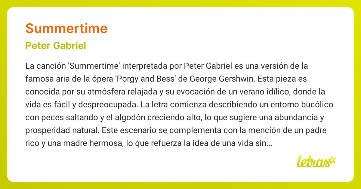 Significado de la canción SUMMERTIME (Peter Gabriel) - LETRAS.COM