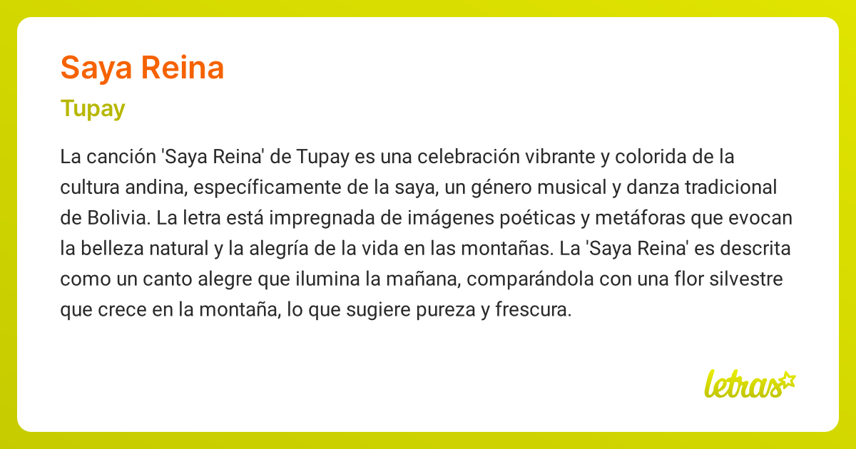Significado de la canción SAYA REINA (Tupay) - LETRAS.COM