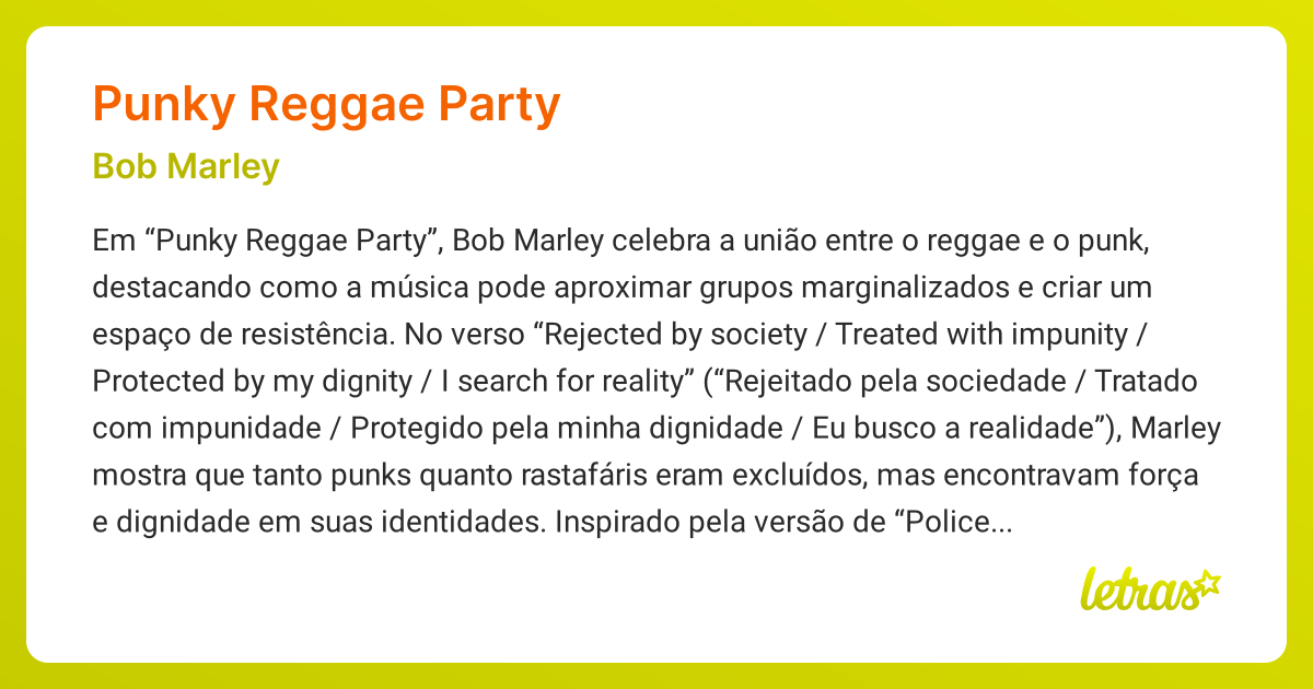 Significado da música PUNKY REGGAE PARTY (Bob Marley) - LETRAS.MUS.BR
