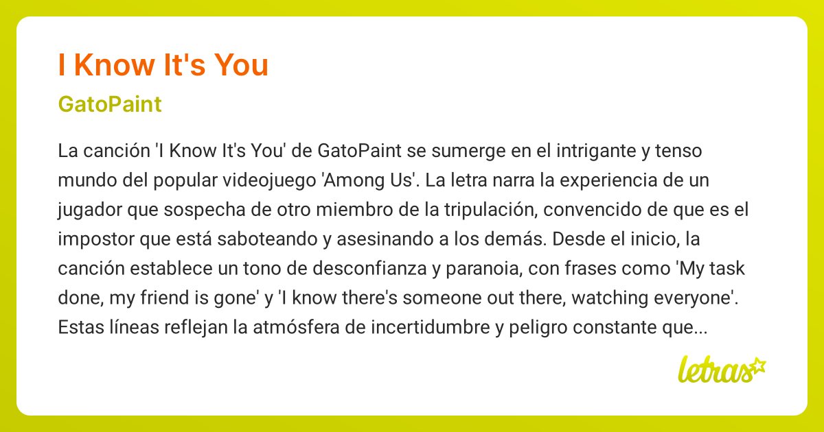 Significado de la canción I KNOW IT'S YOU (GatoPaint) - LETRAS.COM