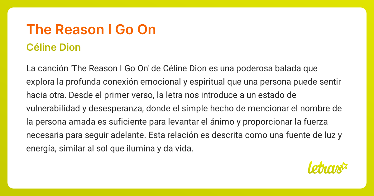 Significado de la canción THE REASON I GO ON (Céline Dion) - LETRAS.COM