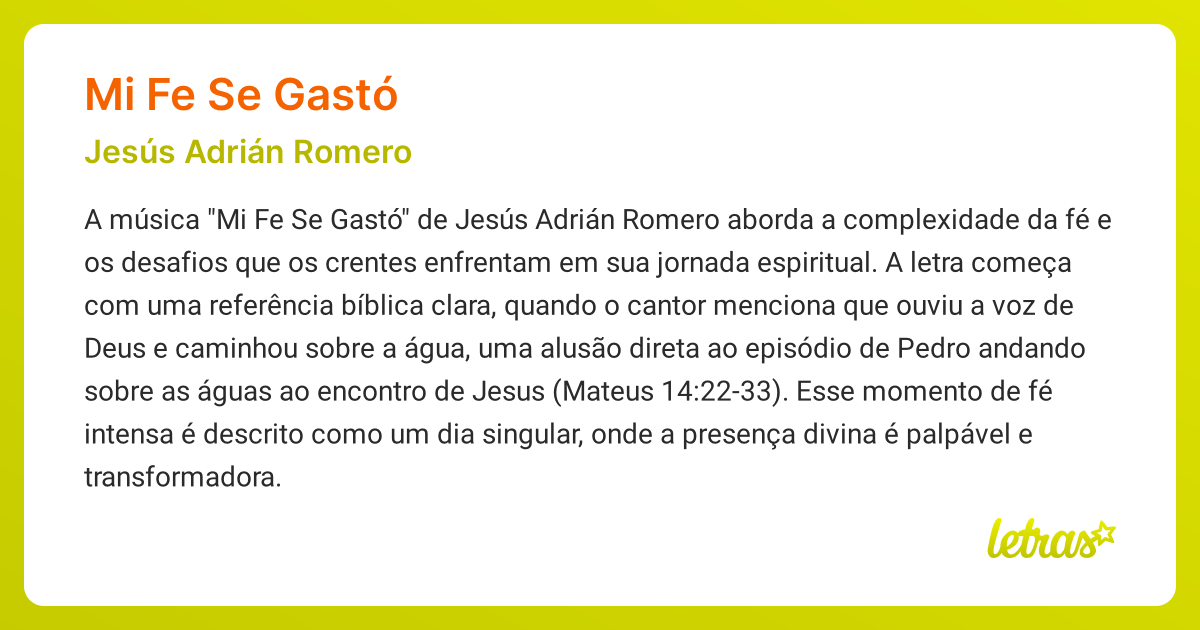 Significado da música MI FE SE GASTÓ (Jesús Adrián Romero) - LETRAS.MUS.BR