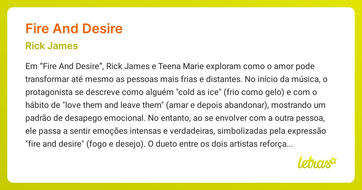 Significado da música FIRE AND DESIRE (Rick James) - LETRAS.MUS.BR