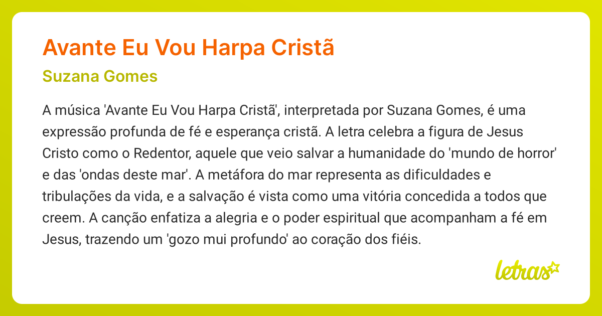 Significado da música AVANTE EU VOU HARPA CRISTÃ (Suzana Gomes ...