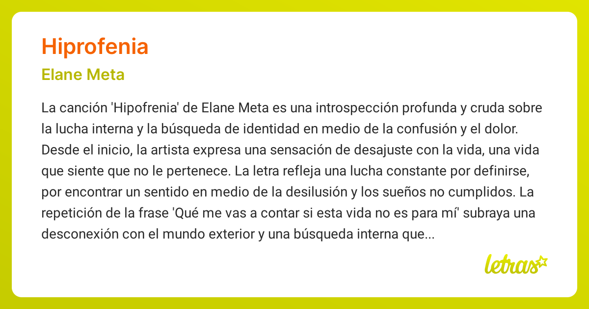 Significado de la canción HIPROFENIA (Elane Meta) - LETRAS.COM