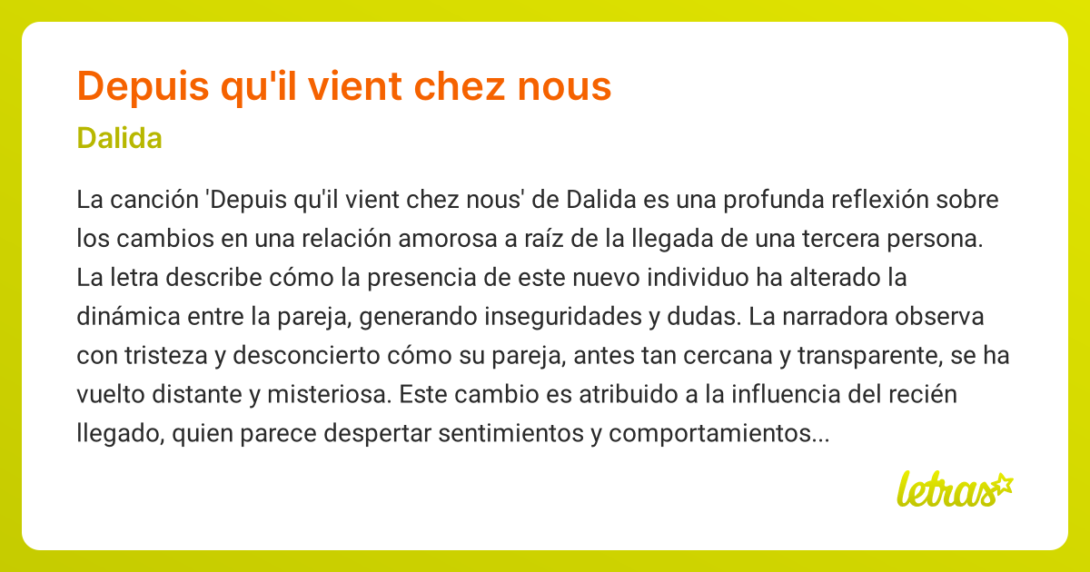 Significado de la canción DEPUIS QU'IL VIENT CHEZ NOUS (Dalida ...