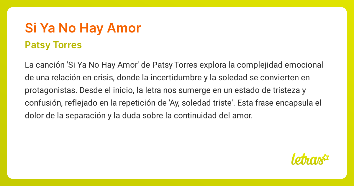 Significado de la canción SI YA NO HAY AMOR (Patsy Torres) - LETRAS.COM