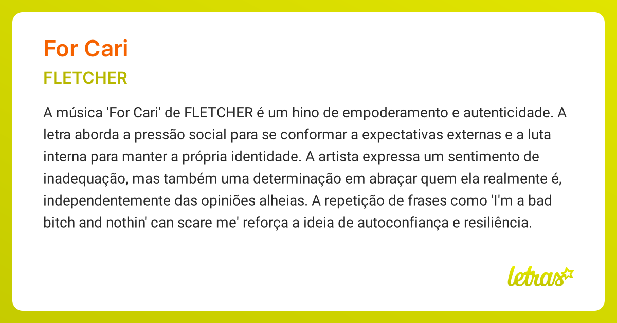 Significado da música FOR CARI (FLETCHER) - LETRAS.MUS.BR