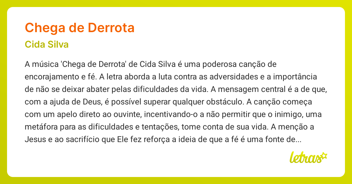 Significado da música CHEGA DE DERROTA (Cida Silva) - LETRAS.MUS.BR
