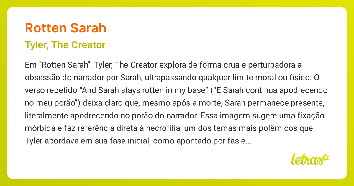 Significado da música ROTTEN SARAH (Tyler, The Creator) - LETRAS.MUS.BR