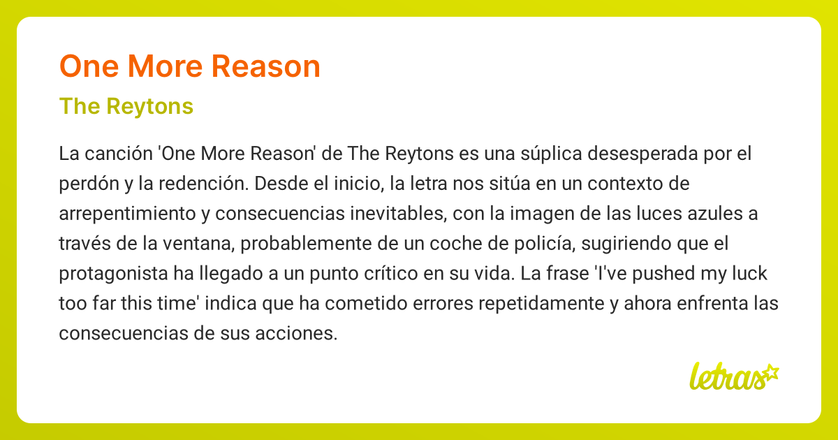Significado de la canción ONE MORE REASON (The Reytons) - LETRAS.COM