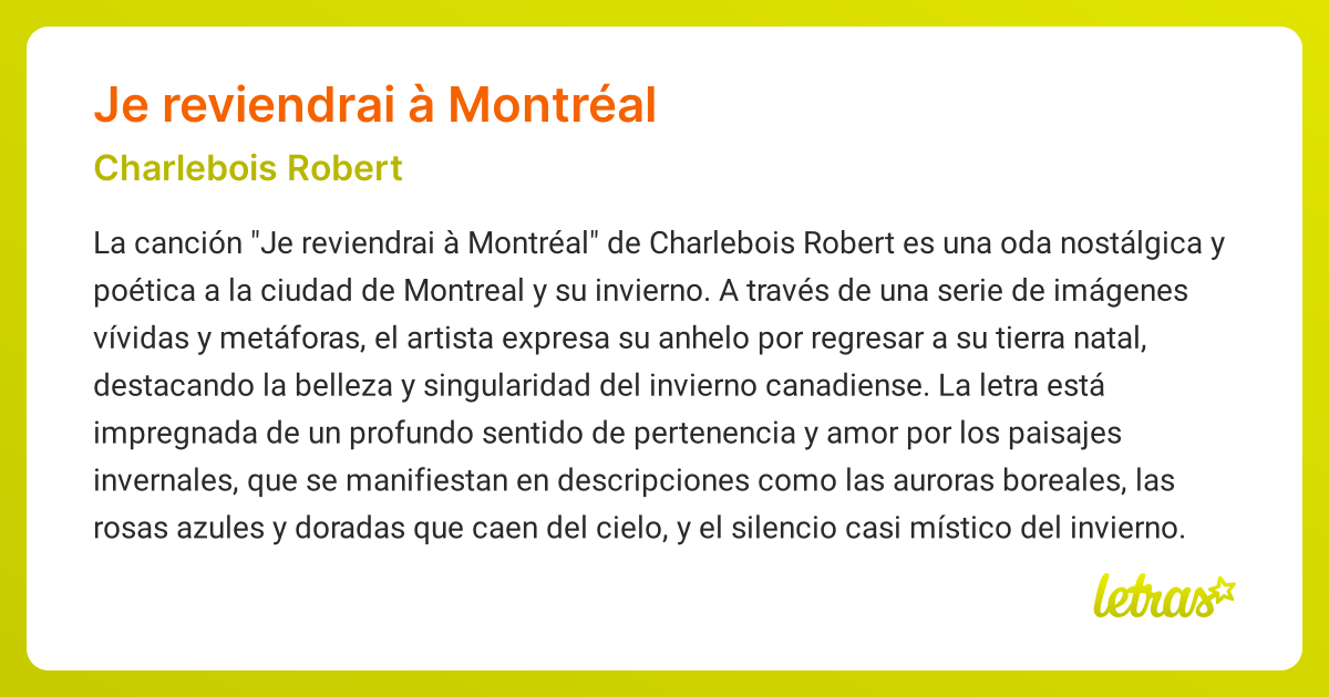 Significado de la canción JE REVIENDRAI À MONTRÉAL (Charlebois Robert ...