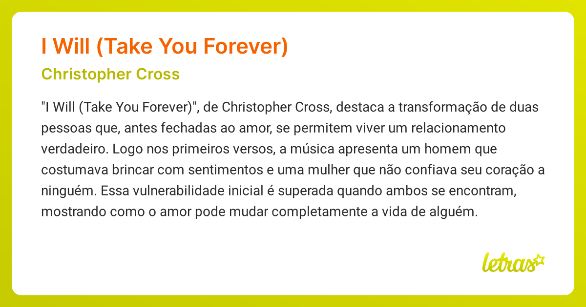 Significado da música I WILL (TAKE YOU FOREVER) (Christopher Cross ...