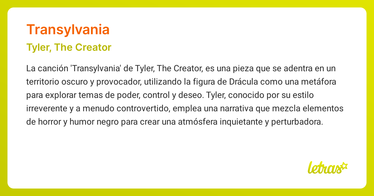 Significado de la canción TRANSYLVANIA (Tyler, The Creator) - LETRAS.COM