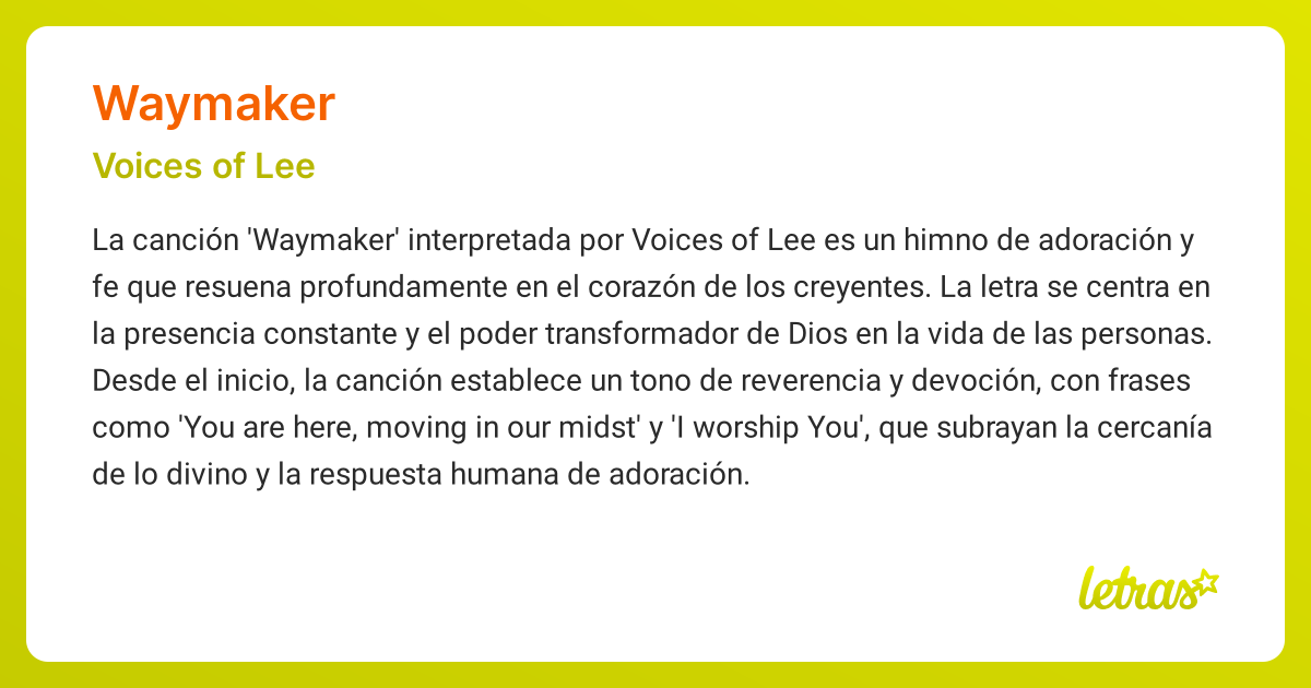 Significado de la canción WAYMAKER (Voices of Lee) - LETRAS.COM