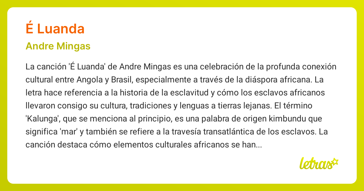 Significado de la canción É LUANDA (Andre Mingas) - LETRAS.COM