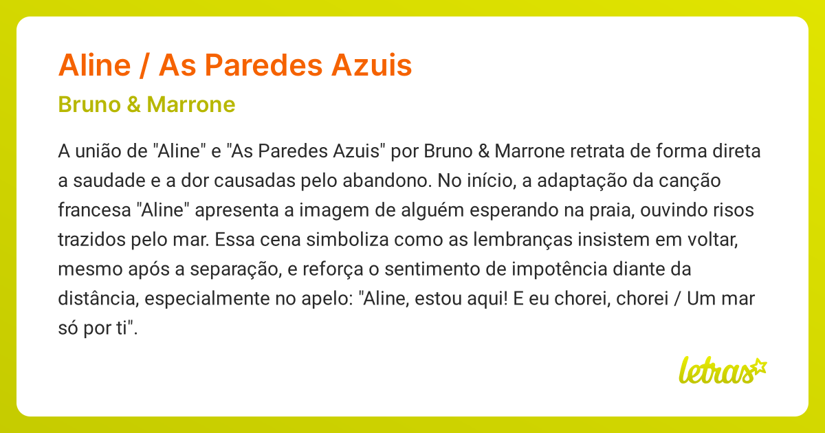 Significado da música ALINE / AS PAREDES AZUIS (Bruno & Marrone) - LETRAS.MUS.BR
