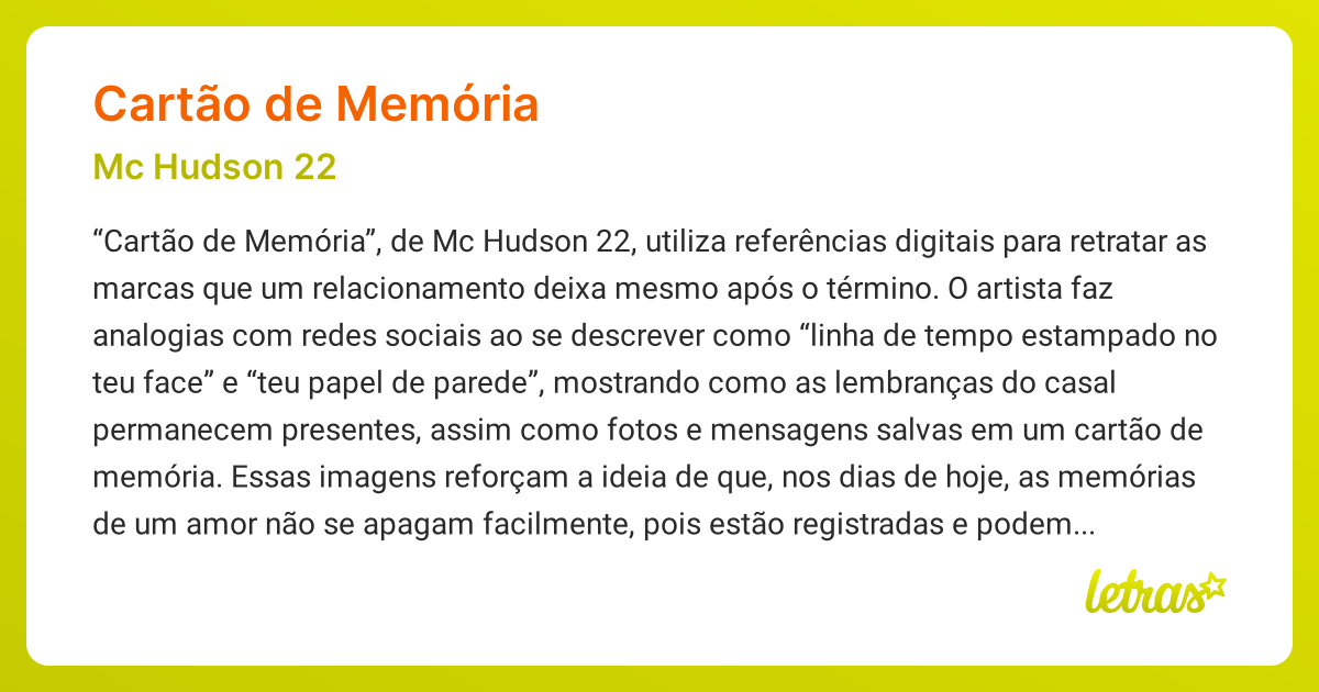 Significado da música CARTÃO DE MEMÓRIA (Mc Hudson 22) - LETRAS.MUS.BR