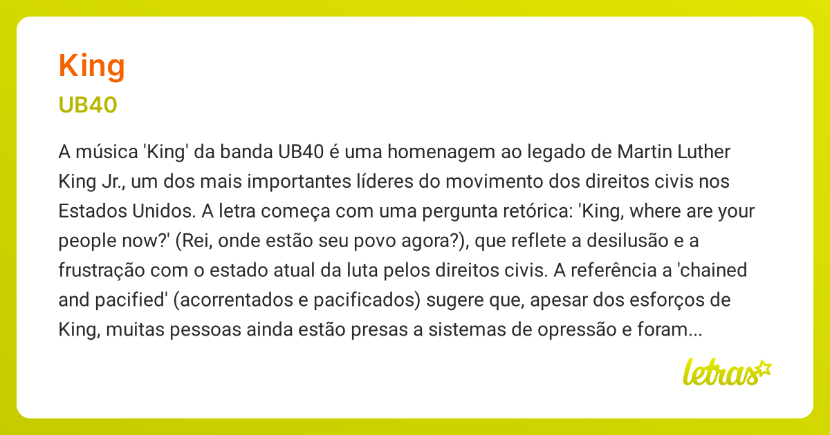 Significado da música KING (UB40) - LETRAS.MUS.BR