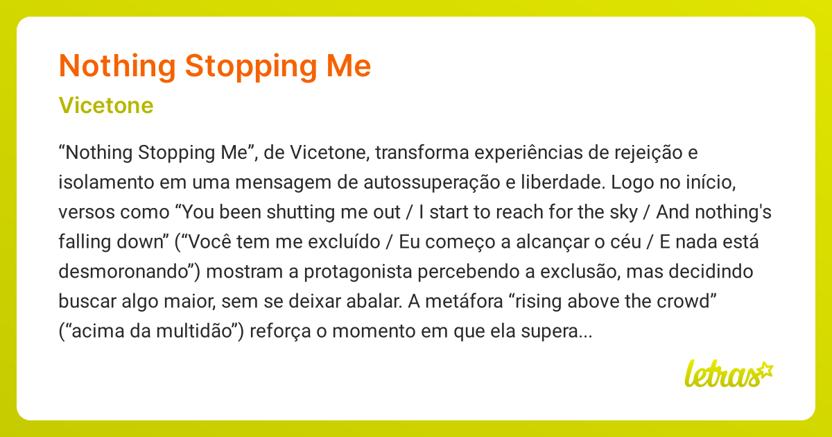 Significado da música NOTHING STOPPING ME (Vicetone) - LETRAS.MUS.BR
