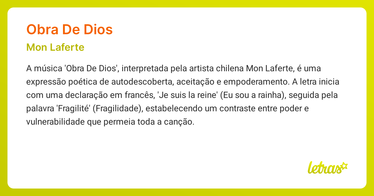 Significado da música OBRA DE DIOS (Mon Laferte) - LETRAS.MUS.BR