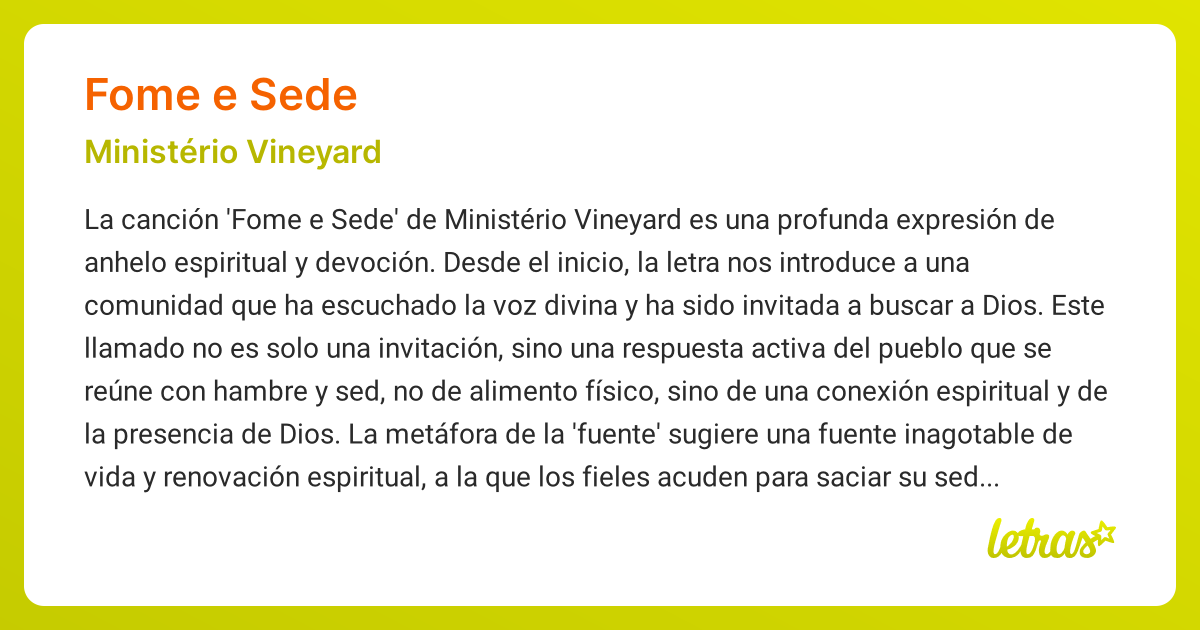 Significado de la canción FOME E SEDE (Ministério Vineyard) - LETRAS.COM